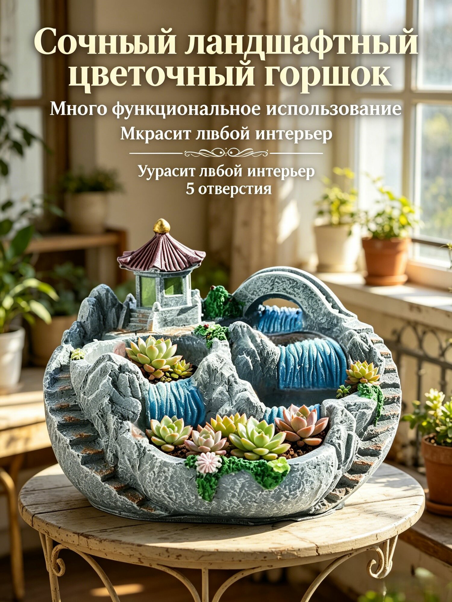 Кашпо для цветов мини-пейзаж с водопадом, 19х18х14 см, многоярусное, для дома и офиса, горшок для суккулентов
