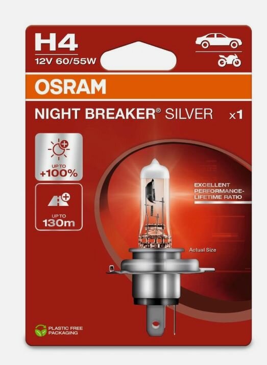 Лампа 12V H4 60/55W 1650/1000lm P43t OSRAM NIGHT BREAKER SILVER 1 шт. блистер 64193NBS-1BL