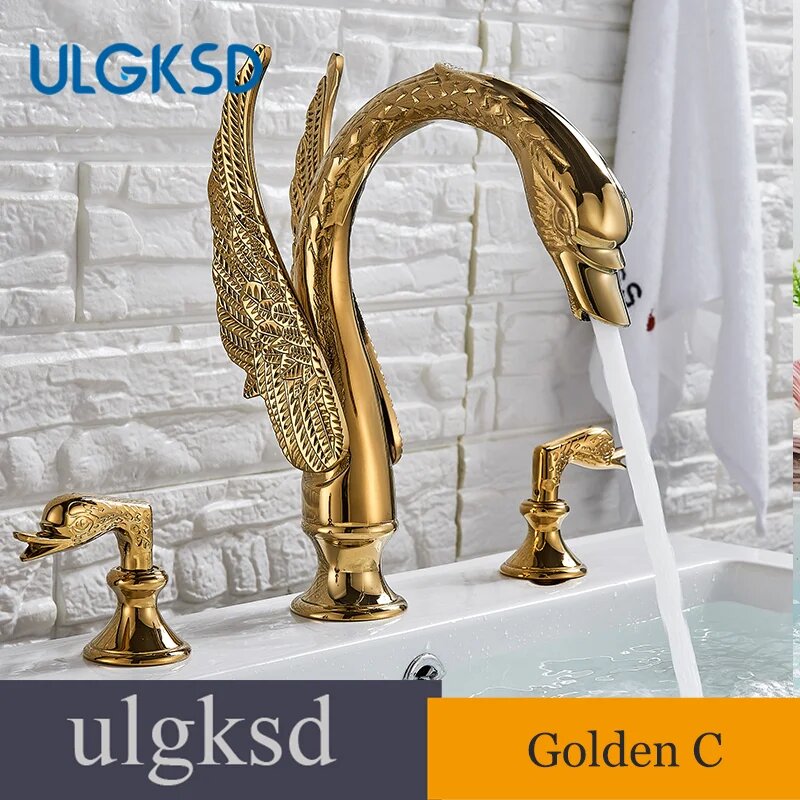 Золотой смеситель для ванной Swan/Bird Shape раковина смеситель для ванны два кристаллических ручки горячая и холодная смесь 3-компонентный набор Crane