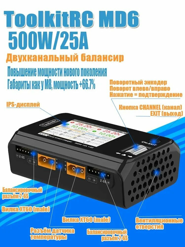 Зарядное устройство ToolkitRC M6D, двухканальное, 500Вт, 25А, IPS дисплей