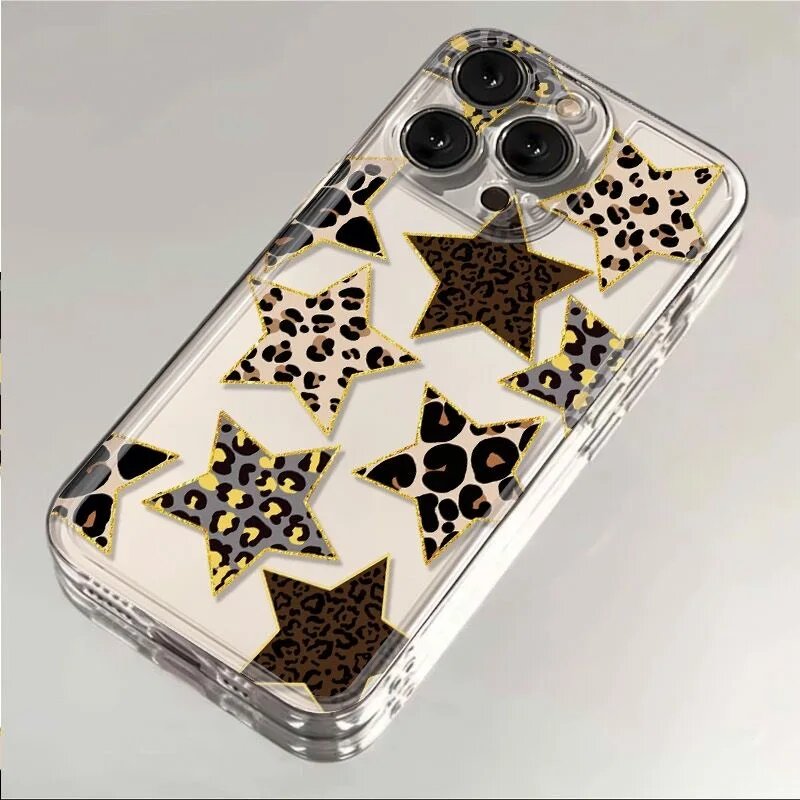 Прозрачный силиконовый чехол с леопардовым принтом и звездами для iPhone 17 Pro Max, 16, 15 Pro, 14, 13, 12, 11, XR, 17 Air, 16 Plus