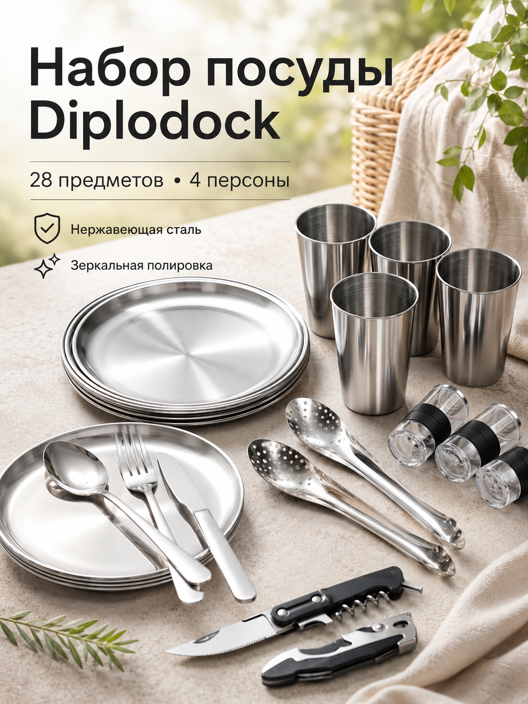 Набор посуды Diplodock, нержавеющая сталь, зеркальная полировка, 28 элементов