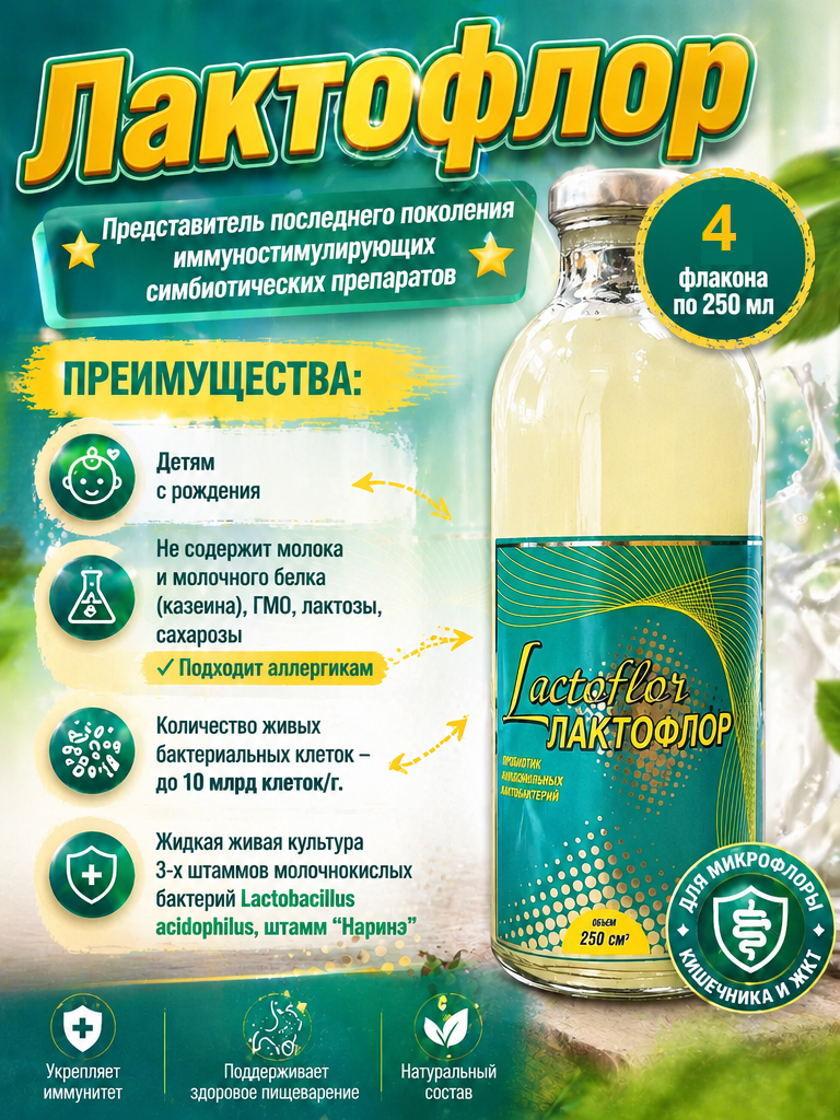 Лактофлор пробиотик без молока, для аллергиков, для микрофлоры кишечника и ЖКТ, 4 фл. 250мл