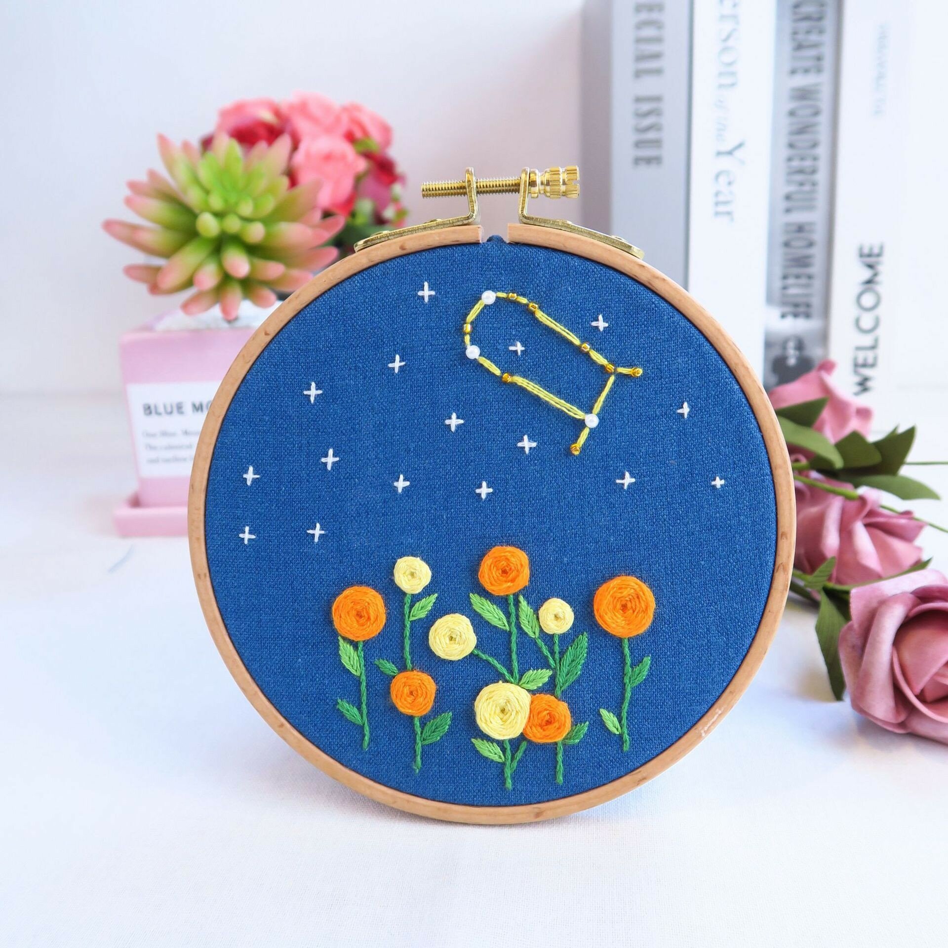 Набор для вышивки DIY для зодиакальной висячей живописи - узор Близнецов в прохладных оттенках, включает 16 см