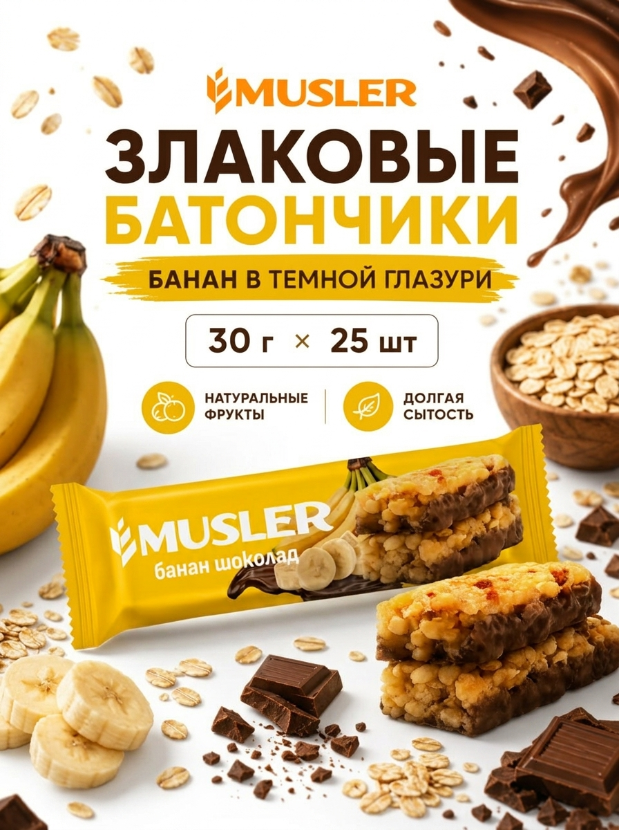 Злаковые батончики мюсли Musler детские, фруктовые, шоколадные "Банан в темной глазури" 25 шт по 30 гр