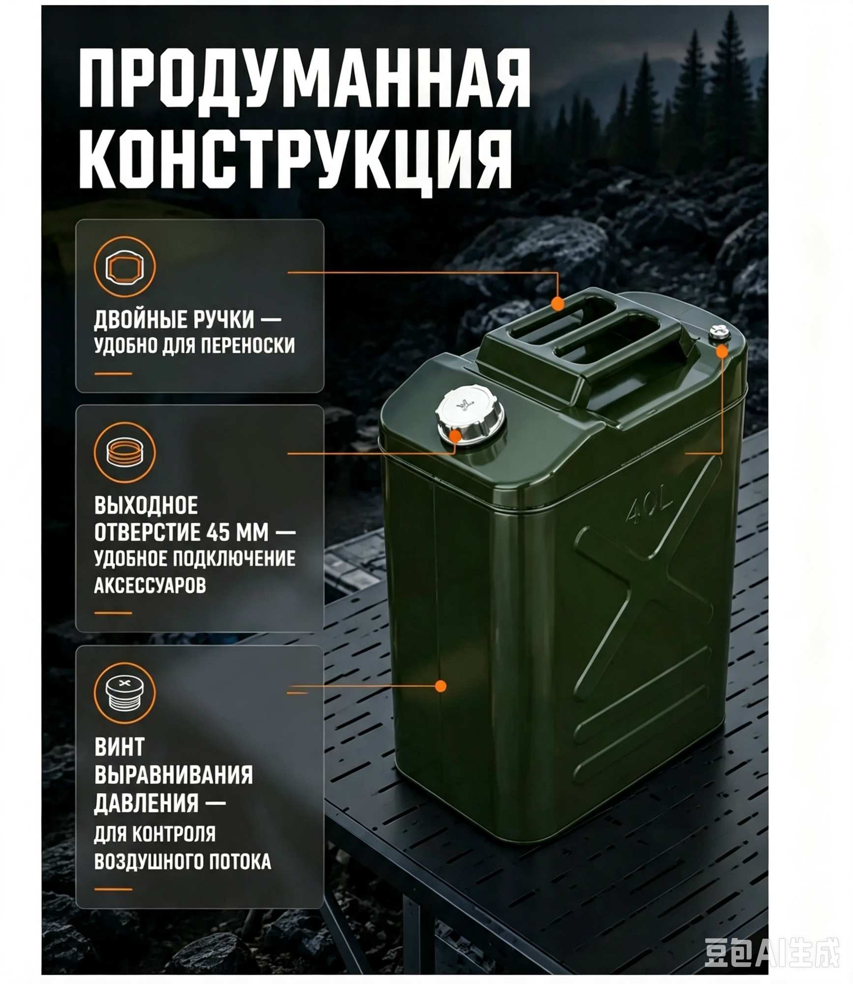 Топливная канистра 40 л металлическая, алюминиевая крышка, с заливной трубкой для бензина и дизтоплива