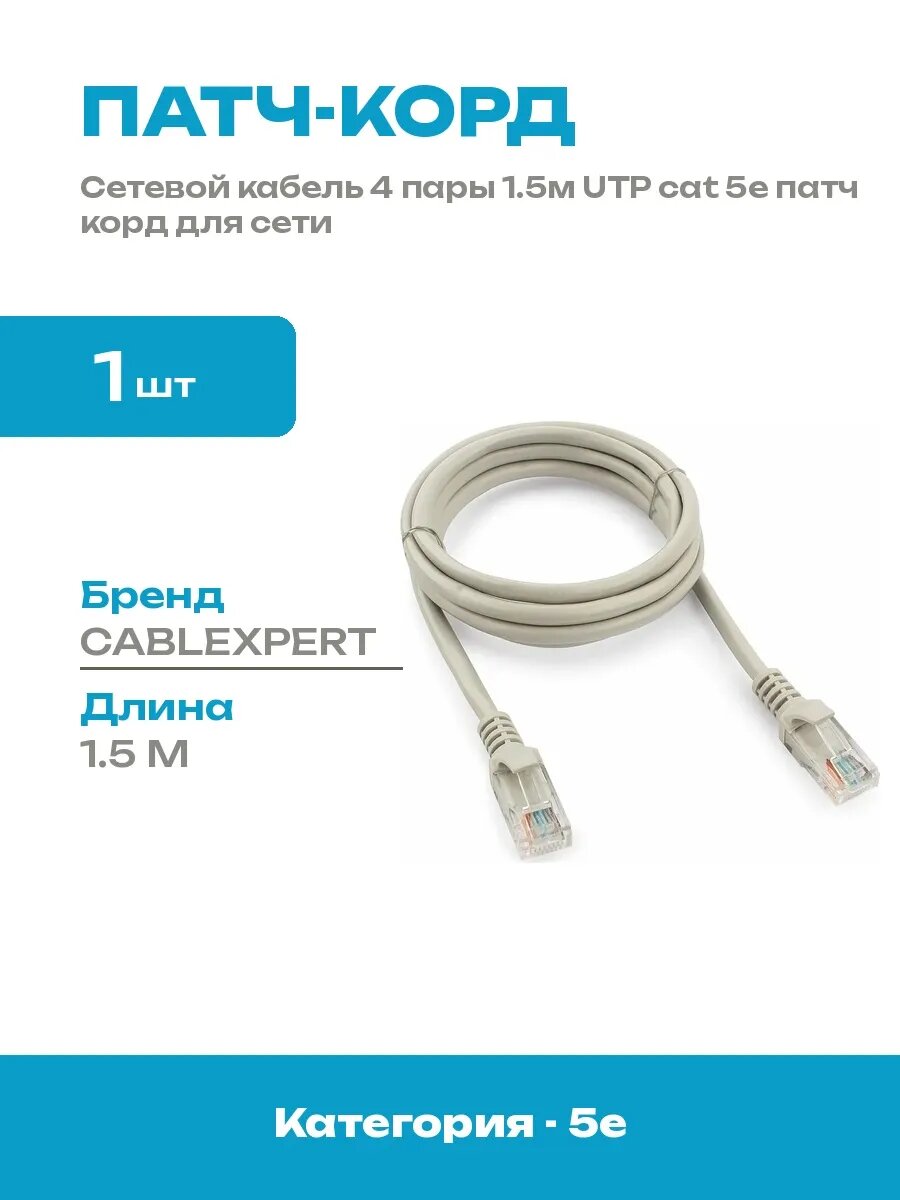 Патч корд cca 1.5м серый utp 5e шнур соединительный для сети