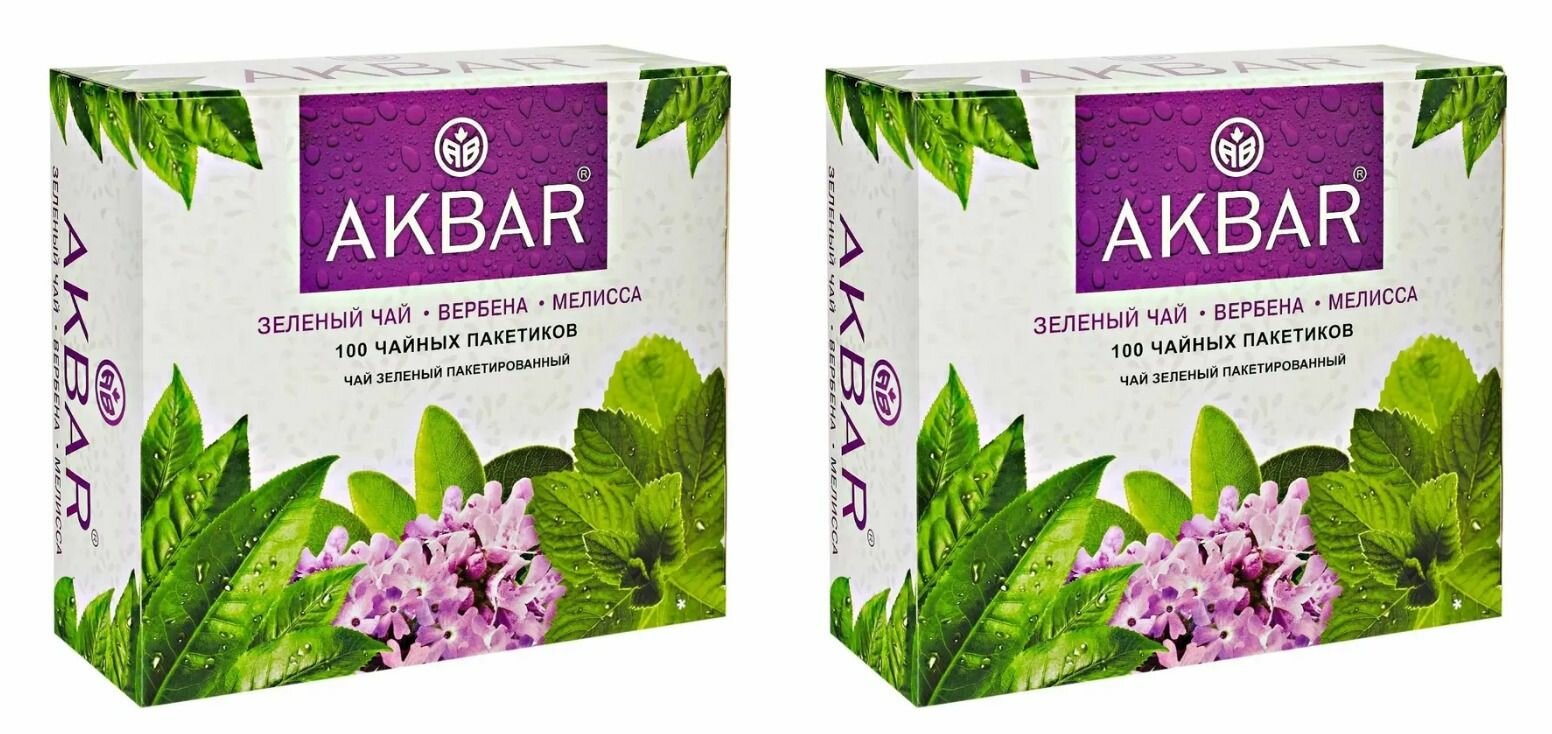Akbar Чай Зеленый в пакетиках, мелисса и вербена, 100х2 гр, 2 уп