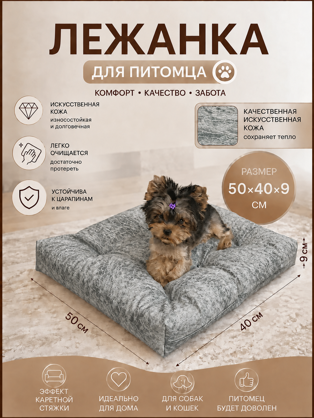 Лежанка для животных Драголит из искусственной кожи, 50х40х9см
