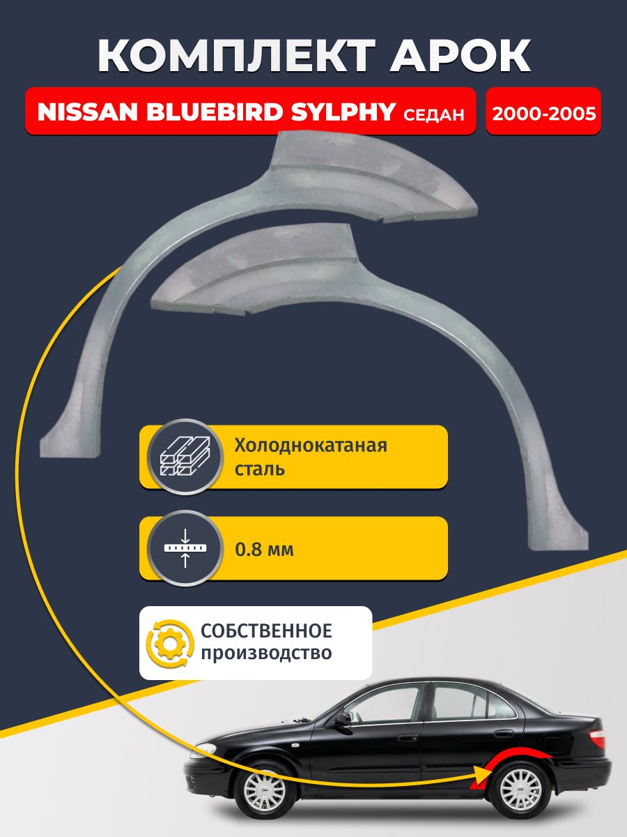 Комплект задних ремонтных арок для автомобиля (2 шт.), Nissan Bluebird Sylphy 2000-2005 седан (Блюберд Селфи). Холоднокатаная сталь 0,8мм.