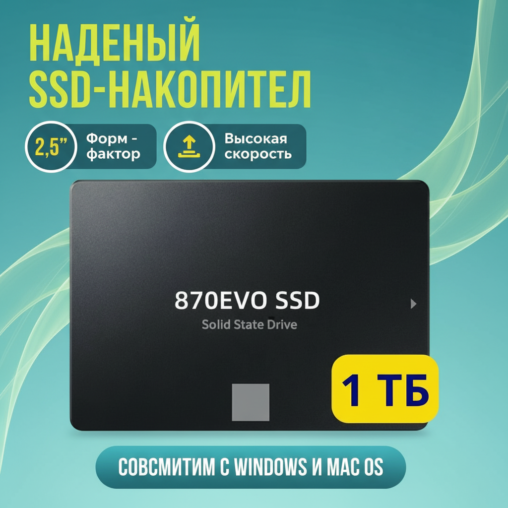 Твердотельный накопитель 1000 ГБ 2.5" быстродействующий бесшумный для игр и работы