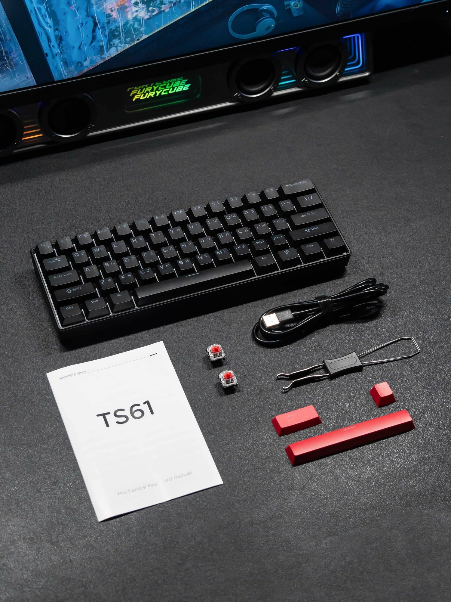 Furycube Игровая клавиатура проводная TS61 Механическая игровая клавиатура,60% Компактная раскладка, Проводное подключение, RGB-подсветка, (Linear), Русская раскладка, черный, красный