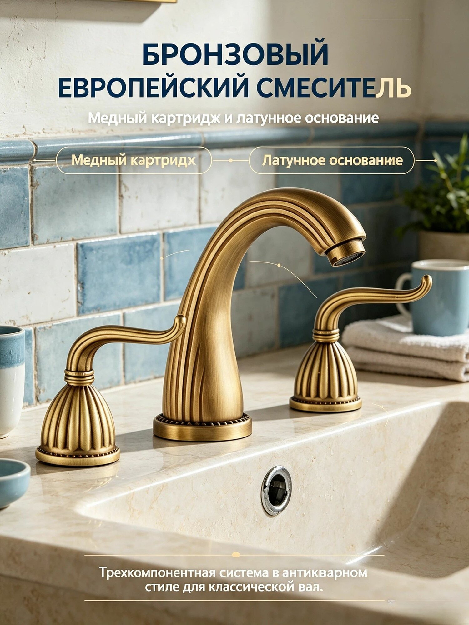 Смеситель для раковины антикварный бронзовый трехсекционный с кристальными ручками и латунным картриджем для ванной комнаты