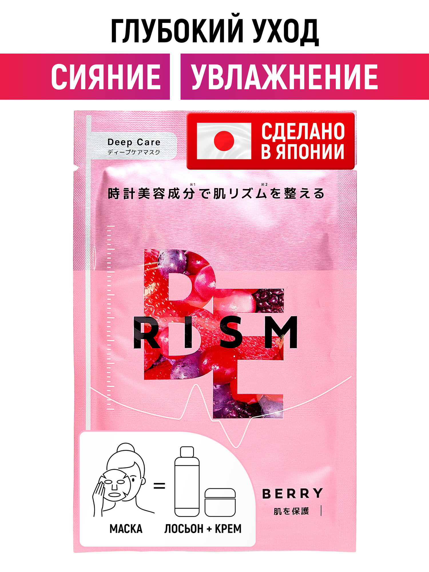 RISM Японская маска для лица тканевая / Сияние + Увлажнение кожи / с экстрактом черники и коллагеном - 1 шт