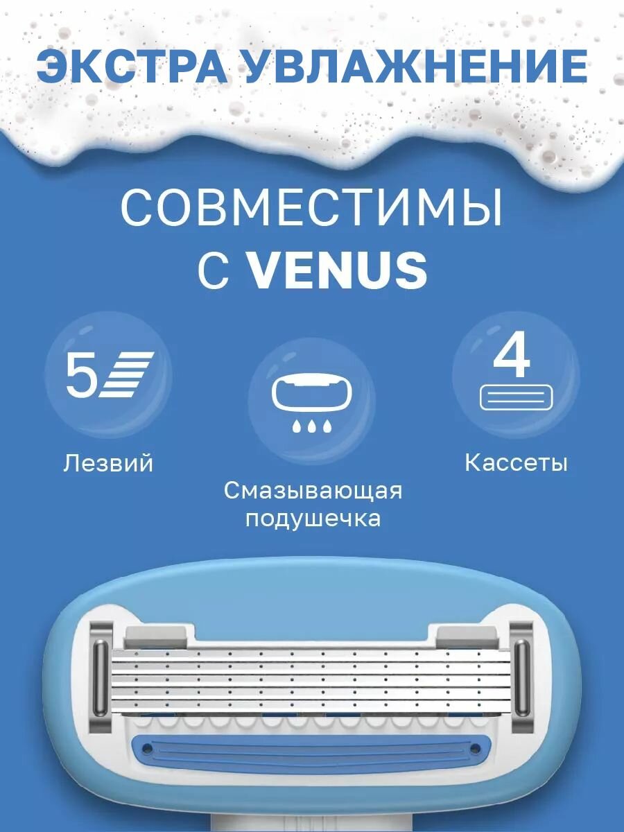 4 женские кассеты, 5 лезвий. Лезвия для бритвы совместимы с известными станками