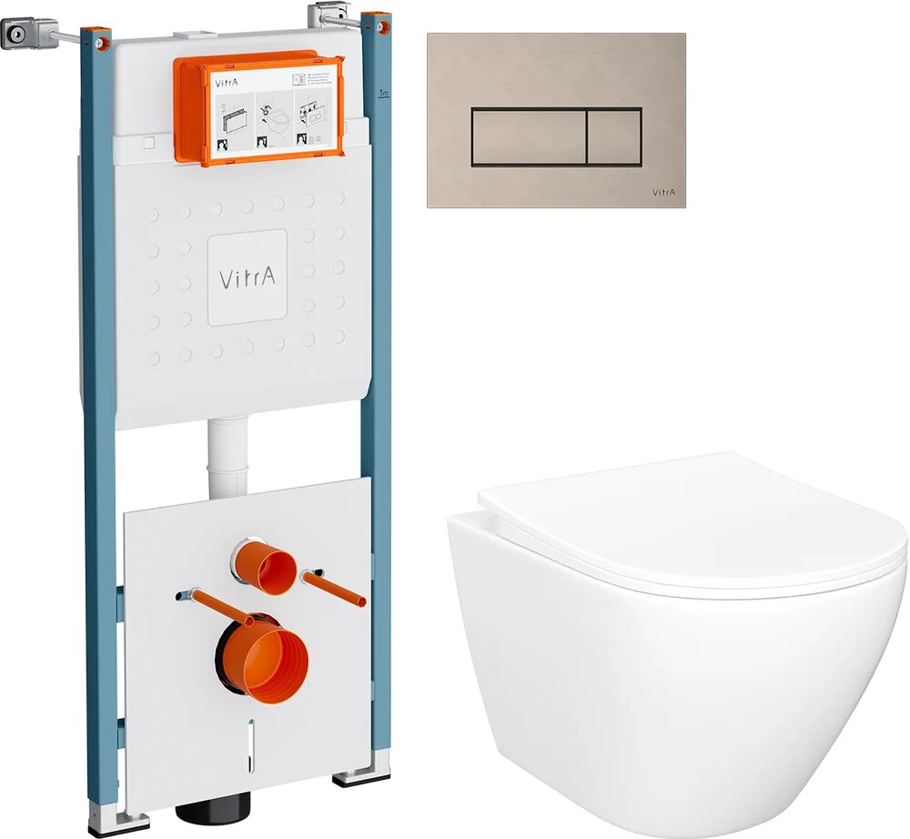 Комплект 6 в 1: Инсталляция VitrA V-Fix Core 732-5800-01PV / Унитаз подвесной Кронборг S28401WH безободковый / Сиденье с микролифтом, Кнопка Root Square никель, Комплект шумоизоляции, креплений