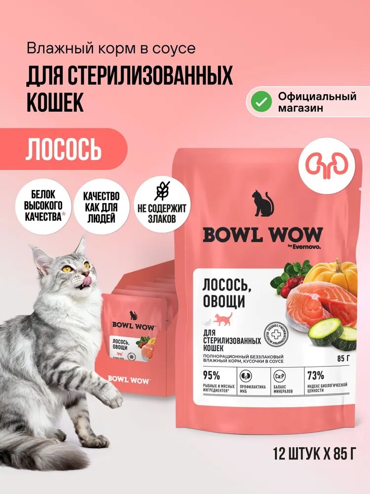 Корм для кошек влажный BOWL WOW холистик с лососем, кусочки в соусе / Влажный корм для стерилизованных кошек, 12 штук х 85 г
