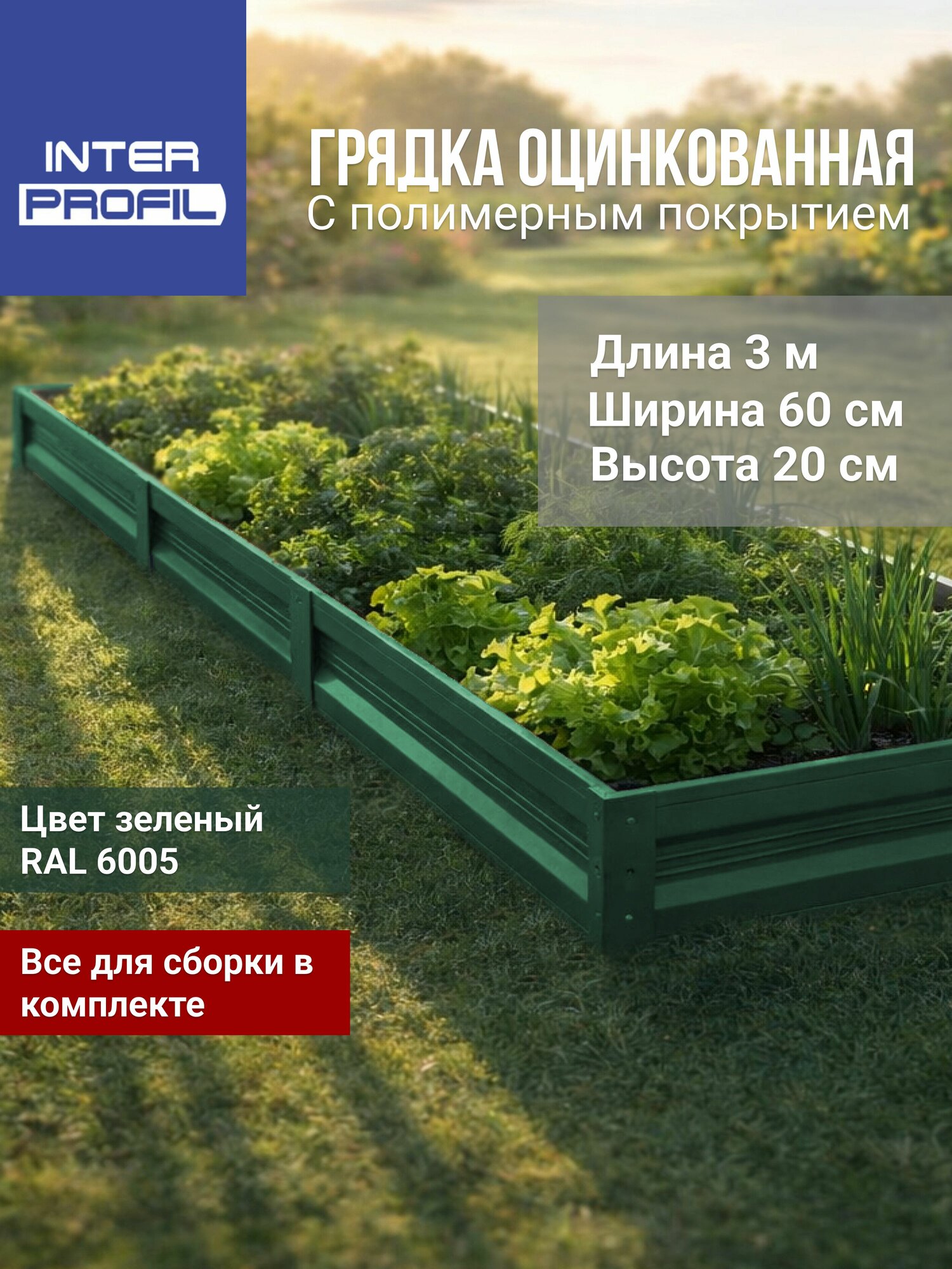 Грядка оцинкованная с полимерным покрытием 0,6х3,0м, высота 20см.