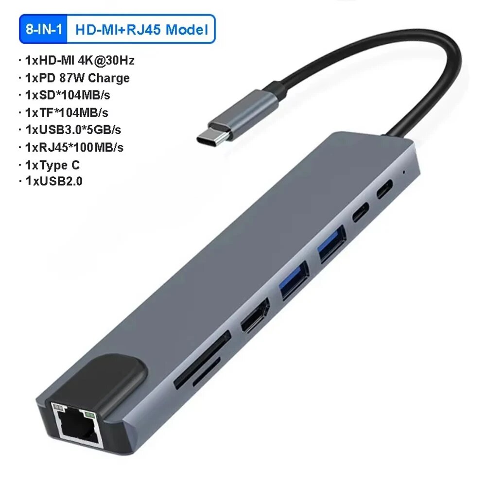 USB C концентратор 8-в-1, 4K 30Гц, RJ45, USB 3.0, SD, TF, Type C, USB 2.