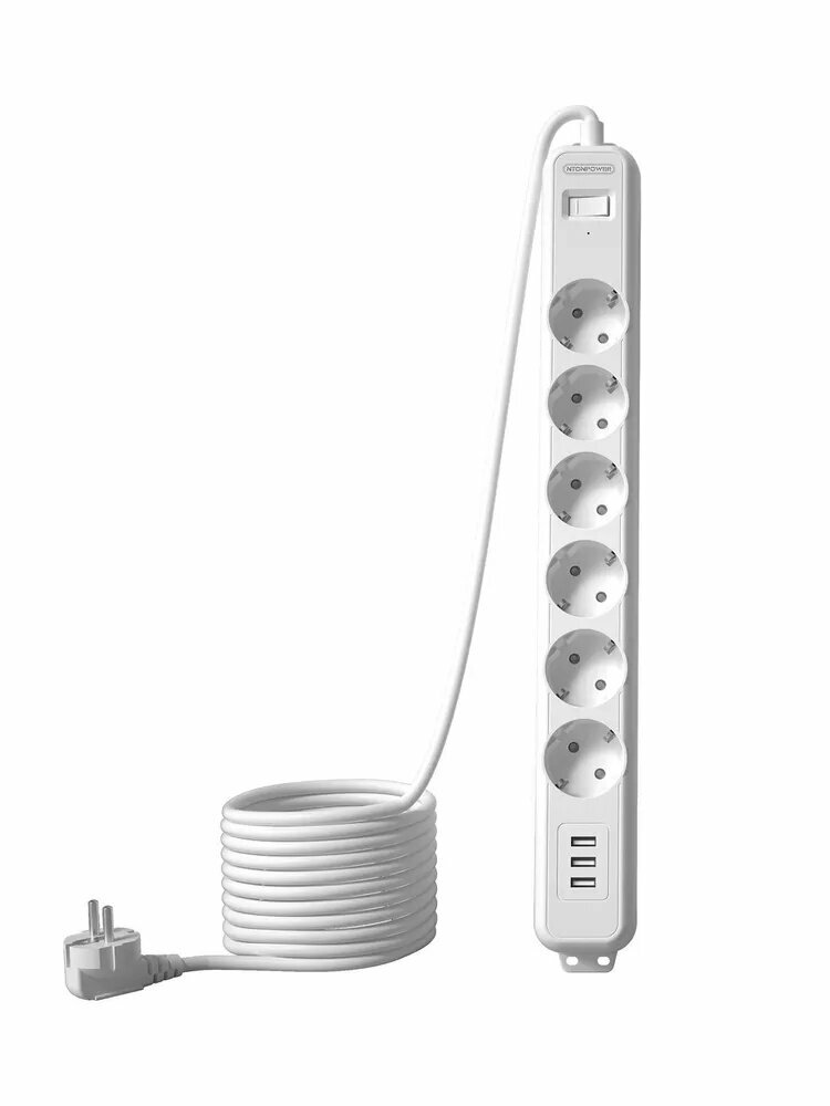 Удлинитель сетевой с выключателем NTONPOWER LSK с заземлением, 6 розетки 3USB, 3 м удлинитель, 2500 Вт