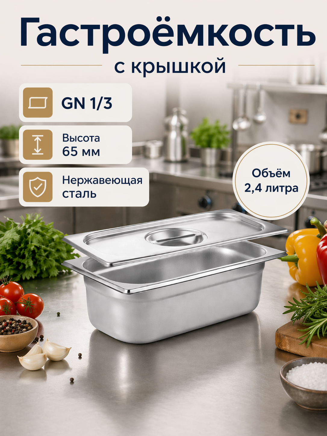 Гастроемкость GN 1/3 65 мм с крышкой, нержавеющая сталь