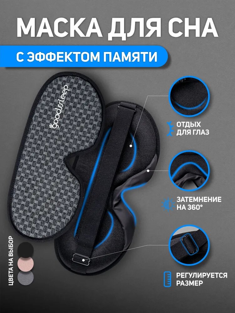 Маска для сна на глаза с регулируемой застежкой Premium качество, Черная