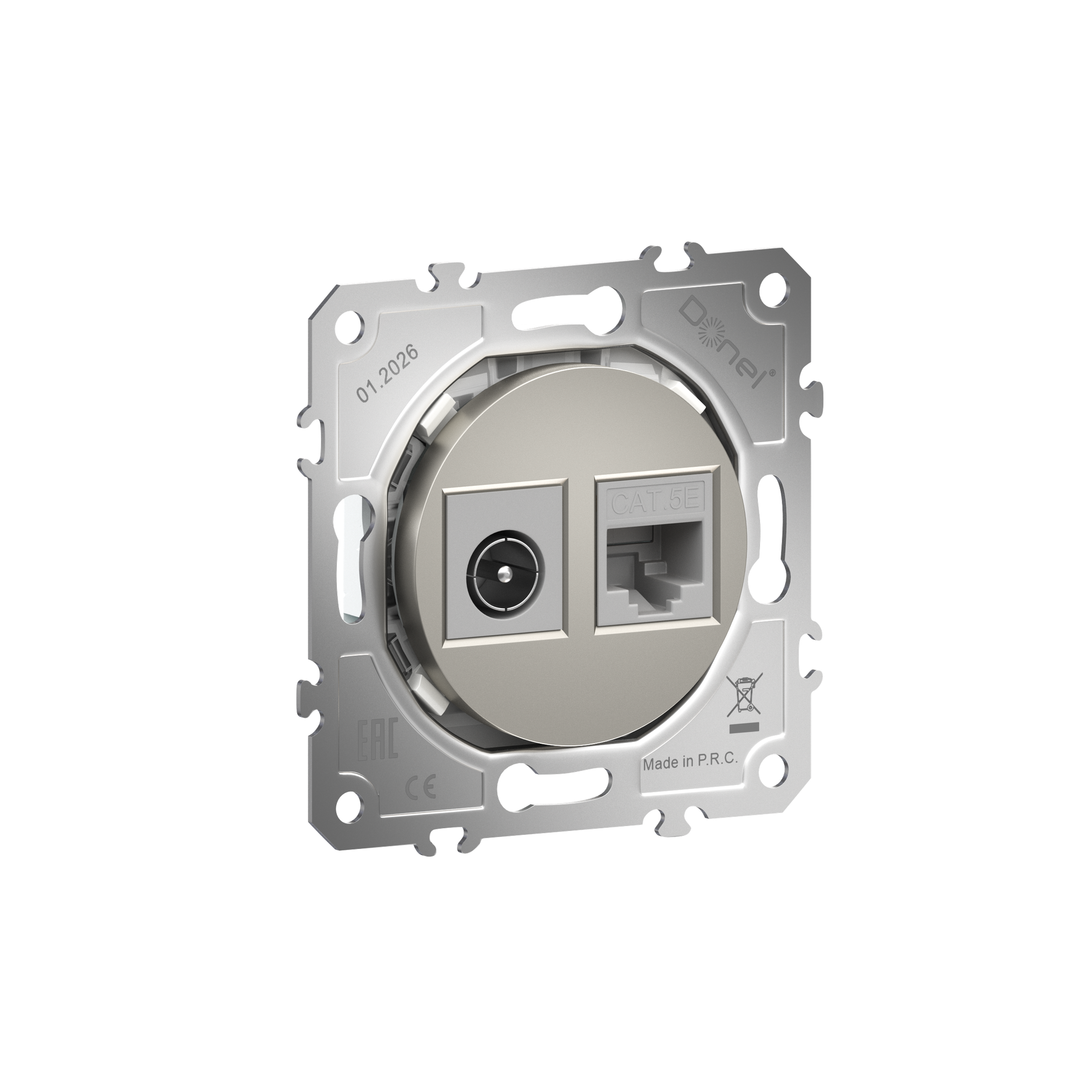 Розетка комбинированная RJ45 cat.5e + TV/SAT простая с разъёмом папа, цвет шампань, серия D16, Donel