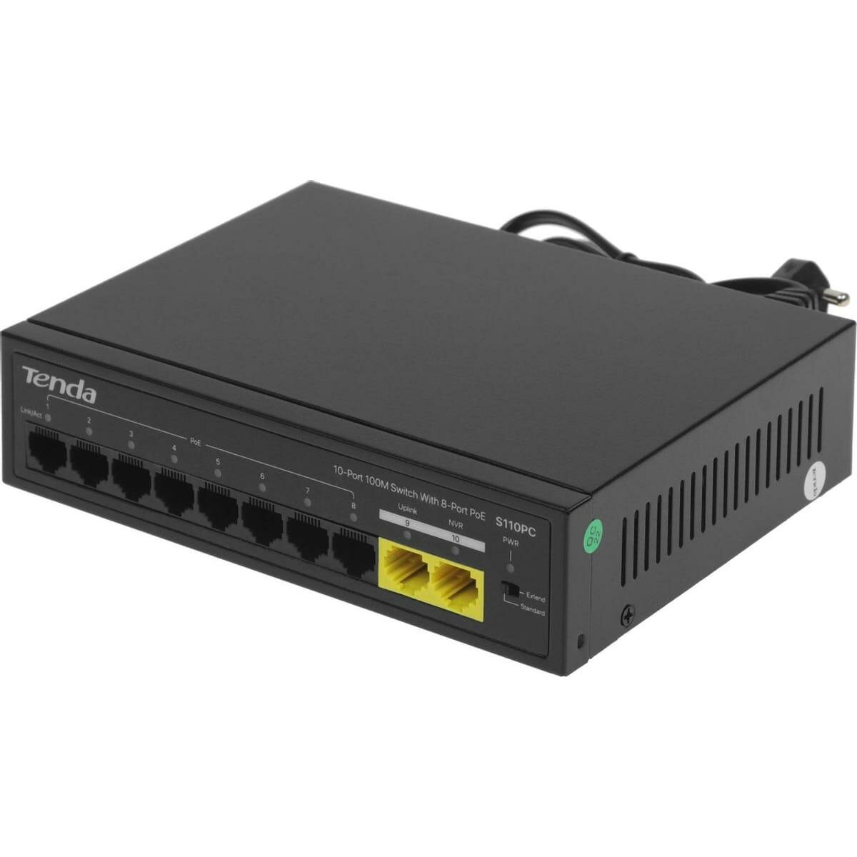 Tenda S110PC Коммутатор неуправляемый PoE, 10 портов, 10x100 Мбит/с, PoE 8х до 30 Вт, настольный