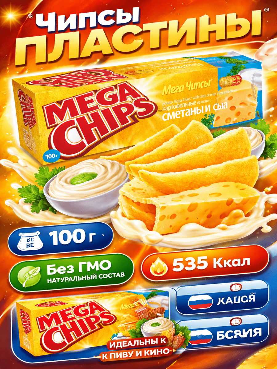 Чипсы-пластины Mega Chips картофельные со сметаной и сыром, 100г