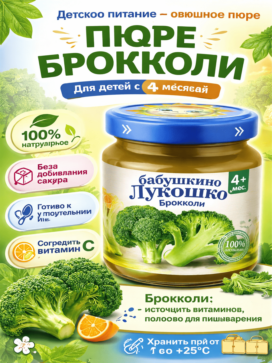 Пюре овощное детское Бабушкино Лукошко Брокколи с 4 месяцев, 100г