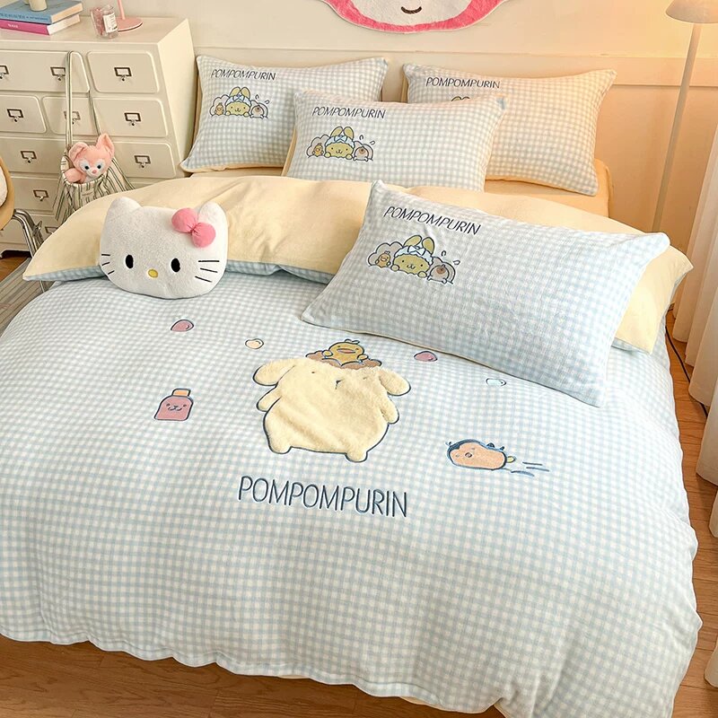 Милый девичий комплект постельного белья HelloKitty из молочного вельвета с вышивкой, включающий пододеяльник на