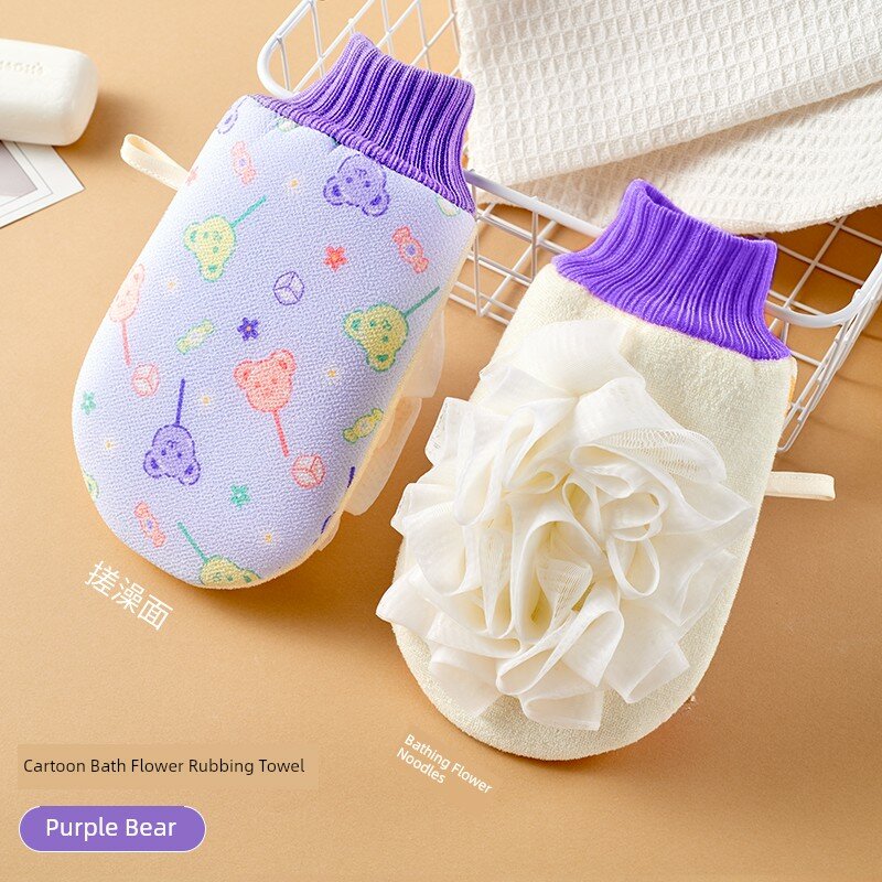Фиолетовый двухфункциональный спонж для купания: с отшелушивающей поверхностью и цветочным рисунком для эффективного