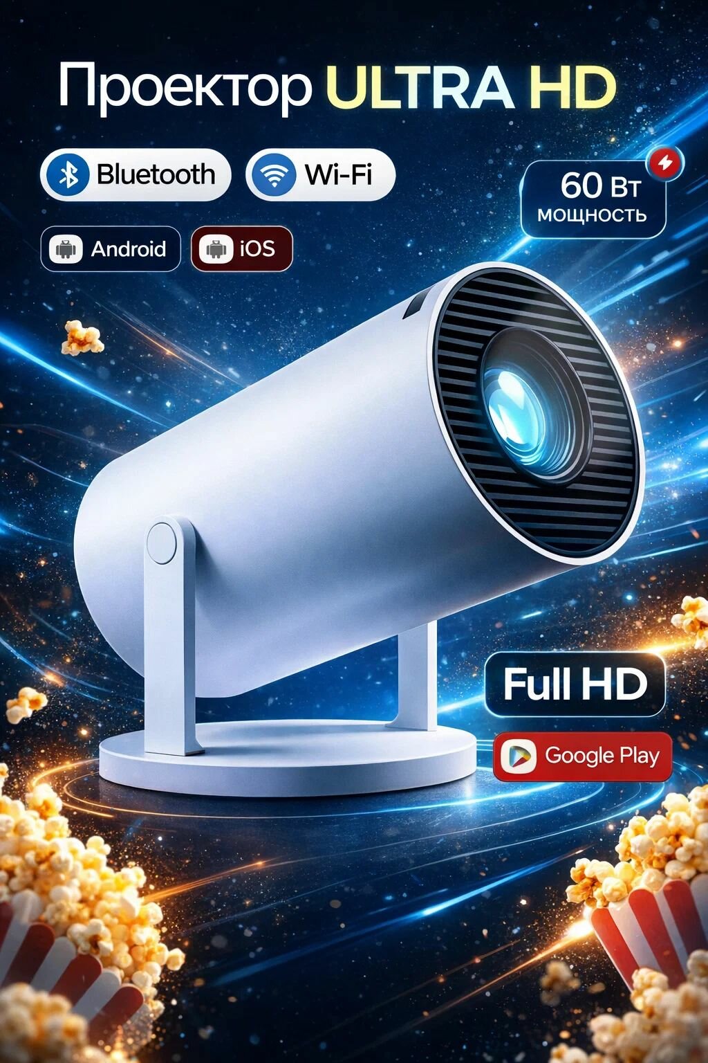 Проектор для фильмов Wi-fi Bluetooth, SMART TV, FULL HD 4К поддержка, трансляция с телефона, Android, HDMI