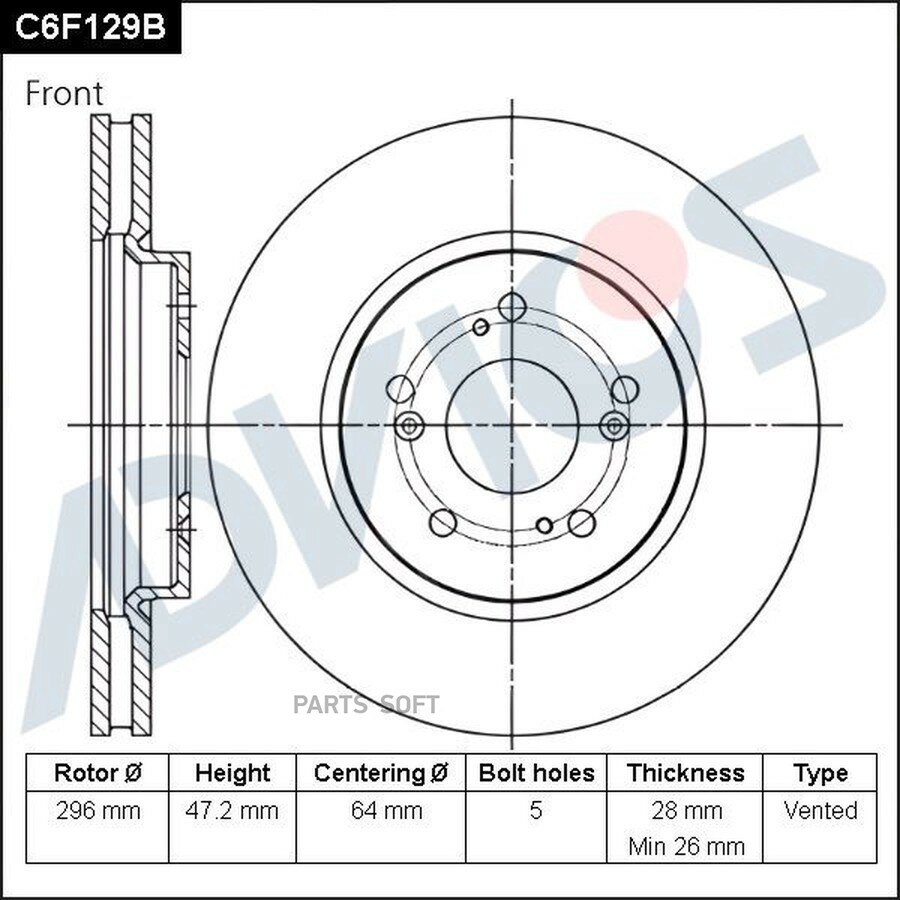 Диск тормозной пер. ADVICS от официального дистрибьютора, ADVICS, артикул C6F129B