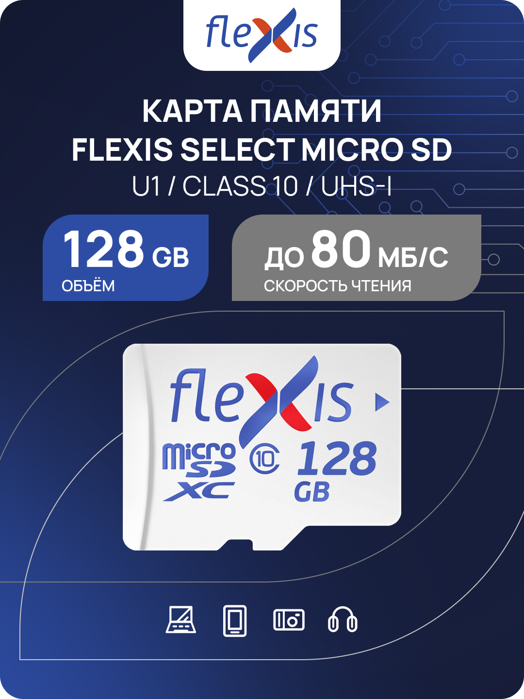 Карта памяти microSDXC 128GB Flexis Select, CL10 UHS-I U1, без адаптера, для телефона, планшета, камеры, FMSD128GU1