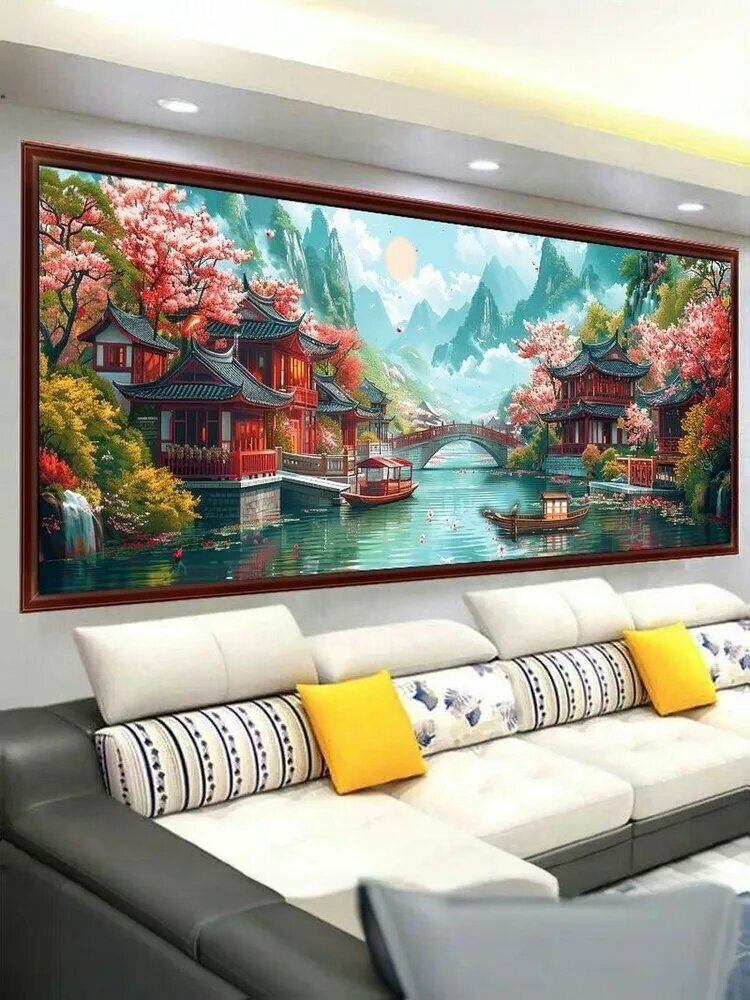 Алмазная мозаика 130X50cm "Пейзаж Домика У Реки"ручной работы бриллиантовая картина