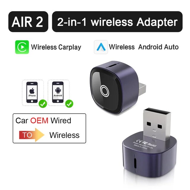 Новый беспроводной адаптер XUDA 2-в-1 для CarPlay и Android Auto, Wi-Fi 5 ГГц, разъемы Type-C/USB, подключение и использование без установки драйверов.