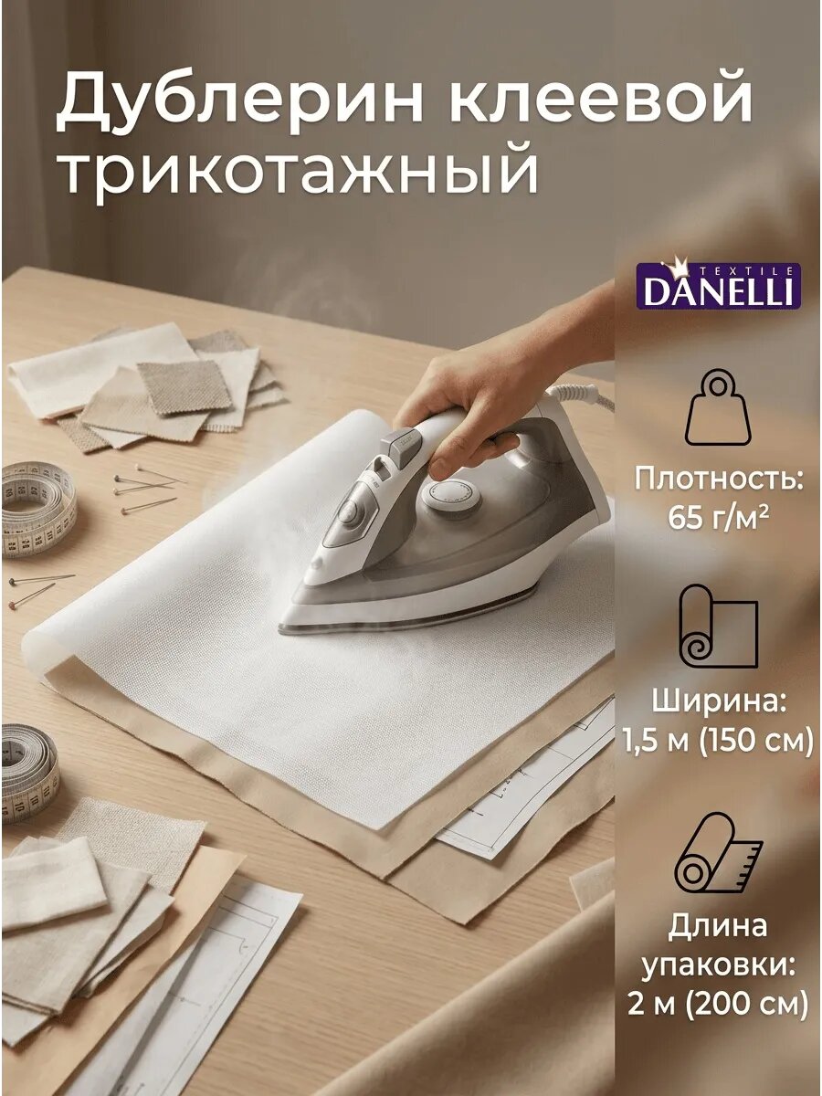 Дублерин Danelli D1VP65, трикотажный, клеевой, белый, 65 г/м², 2 м