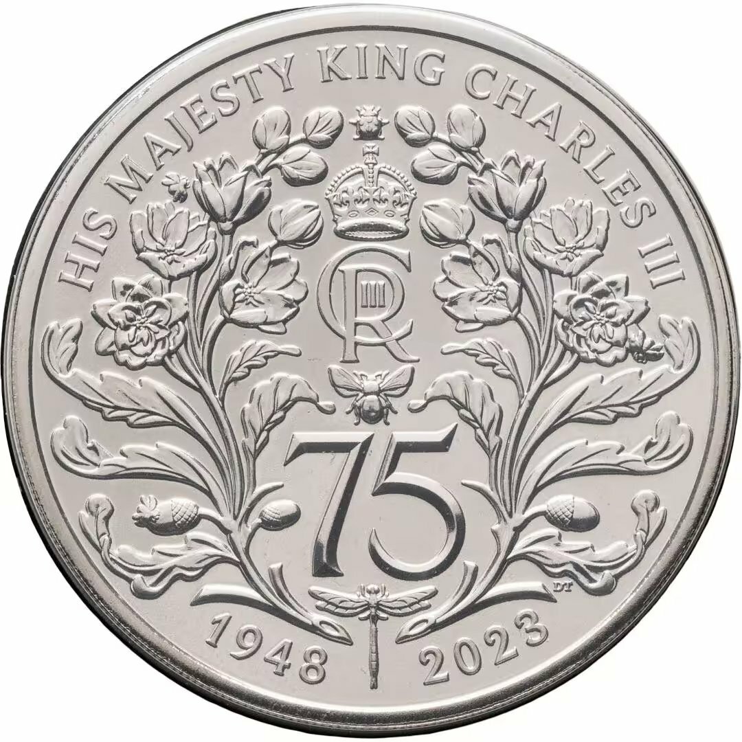 Великобритания 5 фунтов pounds 2023 "75 лет со дня рождения Его Величества Короля Карла III" в буклете, Мельхиор медь-никель, в сохранности BUNC