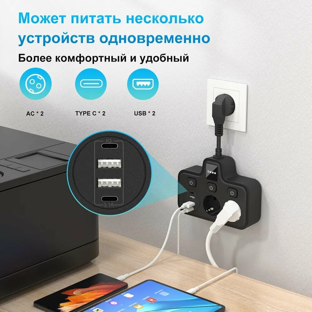HITRENDS Розетка с 2 AC и 4 портами (2USB+2Type-C), черная умная розетка с сенсорным светодиодом и быстрой зарядкой