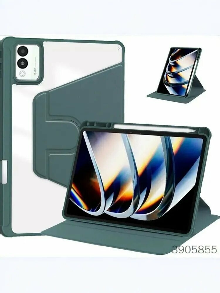 Чехол для Tecno MegaPad 11 /Техно МегаПад 11" , Чехол с отделением для ручки и вращающейся подставкой, искусственная кожа + прозрачный акрил