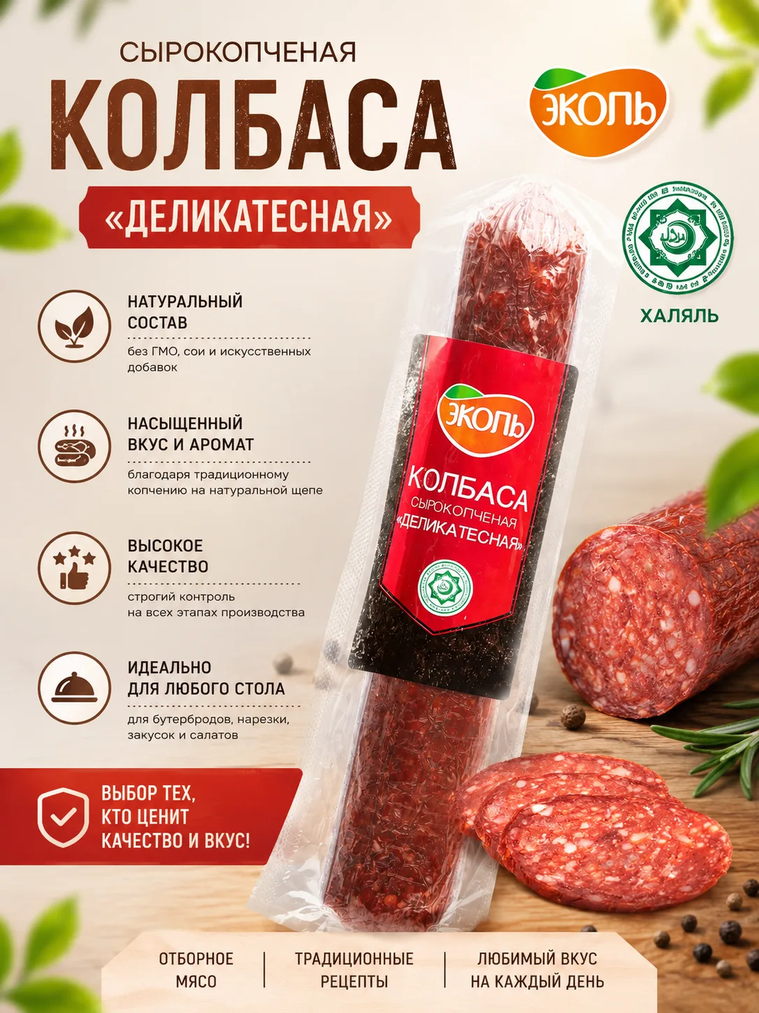Сырокопченый деликатес "Деликатесная халяль", минибатон, 200 г, в упаковке.