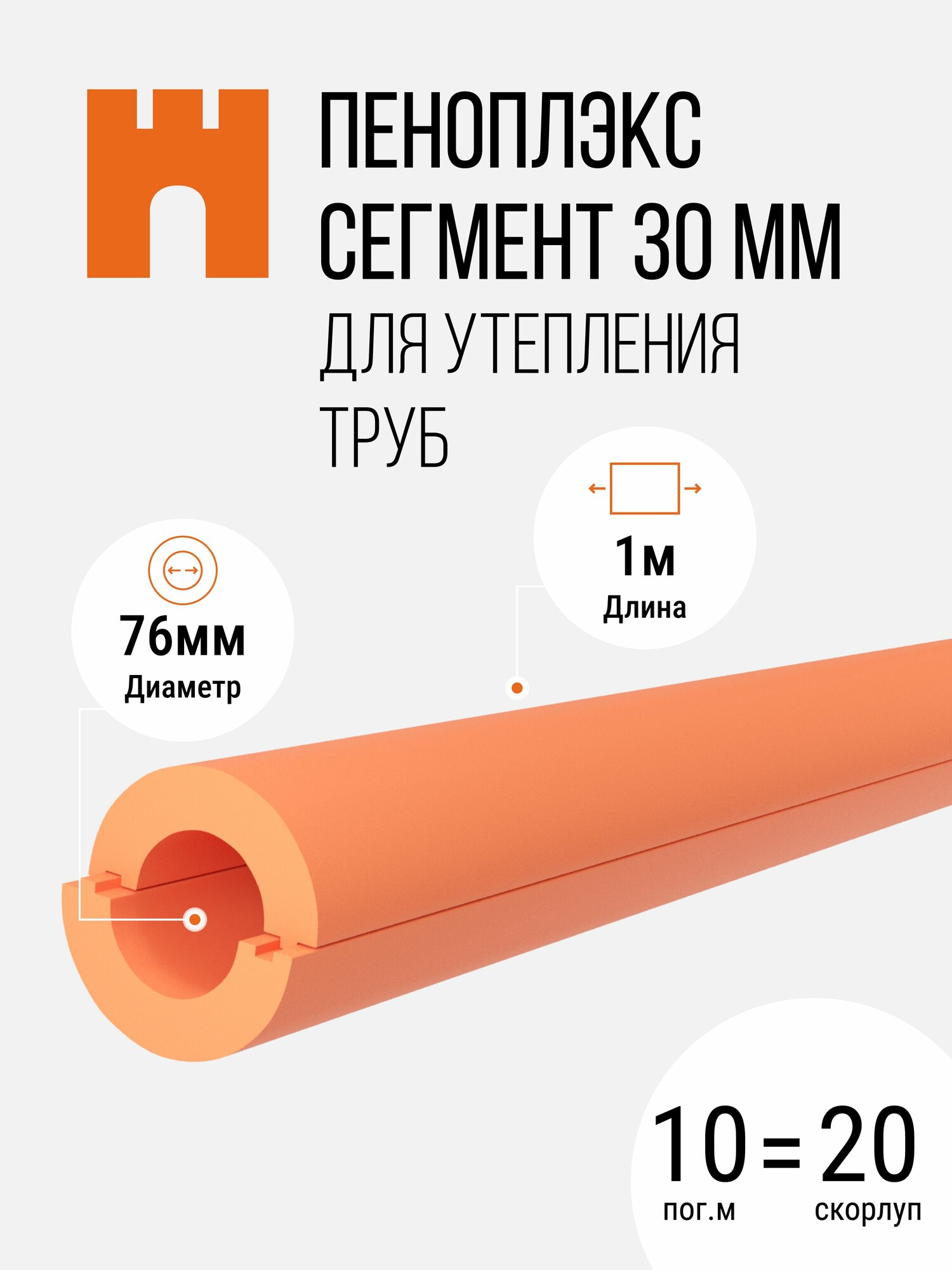 Утеплитель пеноплэкс для труб диаметром 76мм, скорлупа XPS 30мм, 10 пог. м, 20 скорлуп