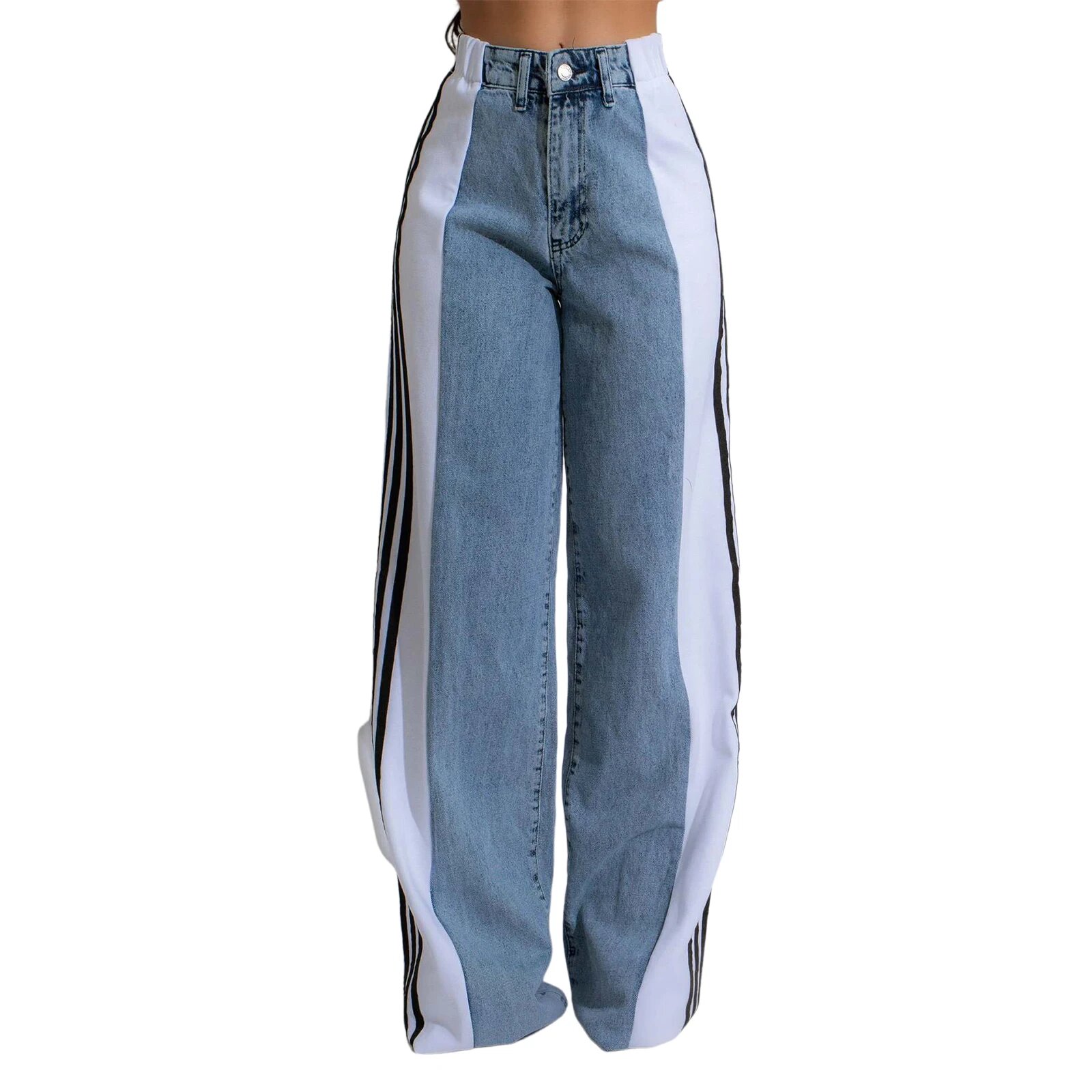High Waist Loose Wide Leg Side Striped Denim Trouses Women's Spring Summer Baggy Jeans Pants Streetwear