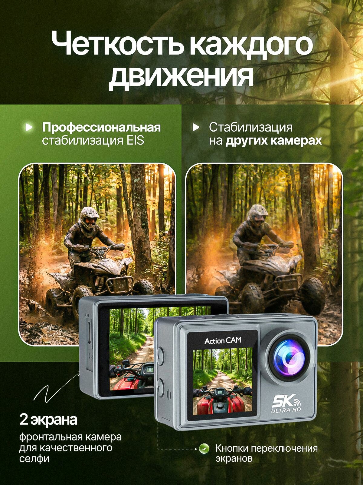 Экшен камера 5К водонепроницаемая с креплениями и защитным кейсом