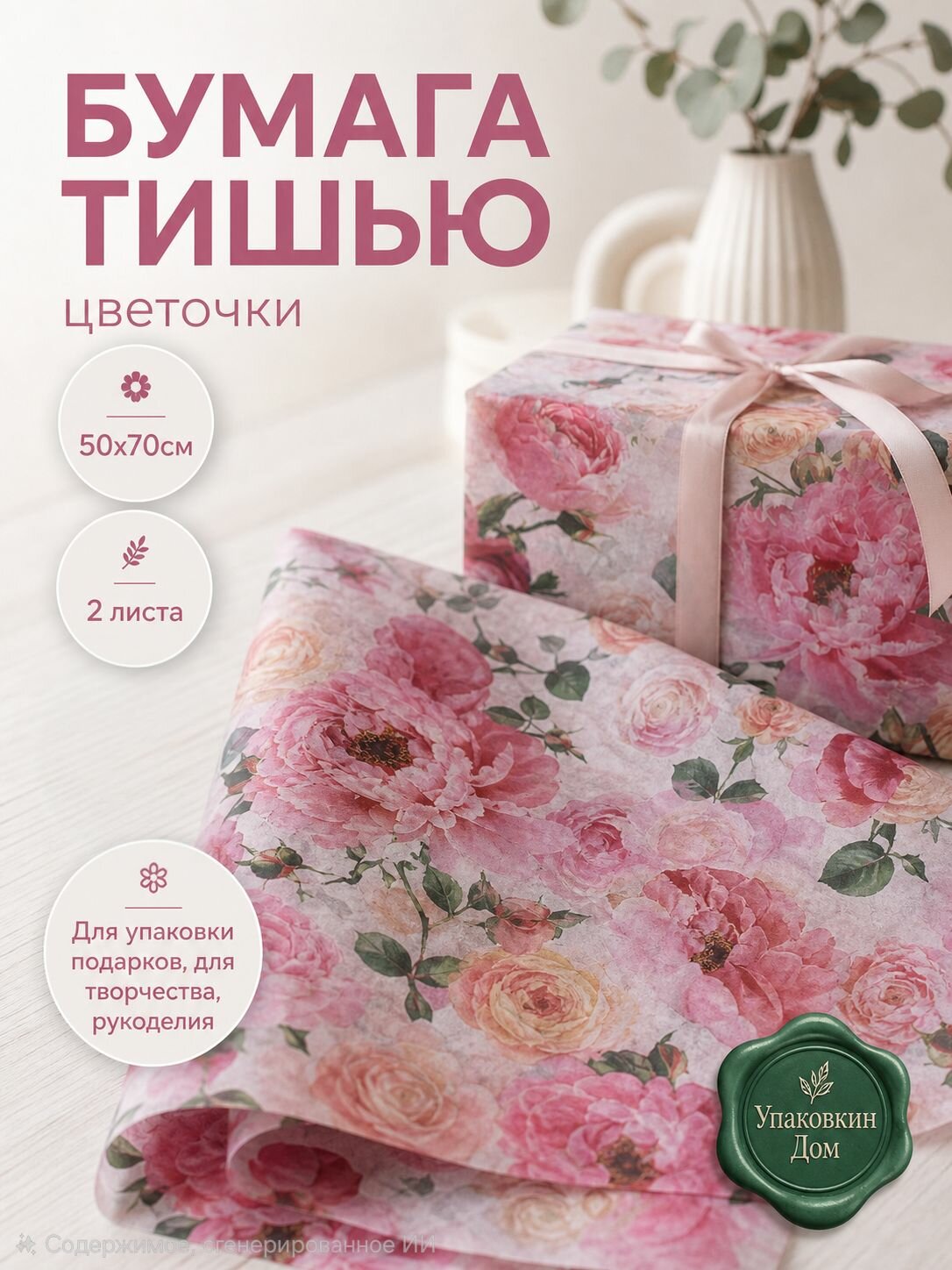 Бумага тишью 50х70см, 2 листа. цветочки Для упаковки подарков, для творчества, рукоделия
