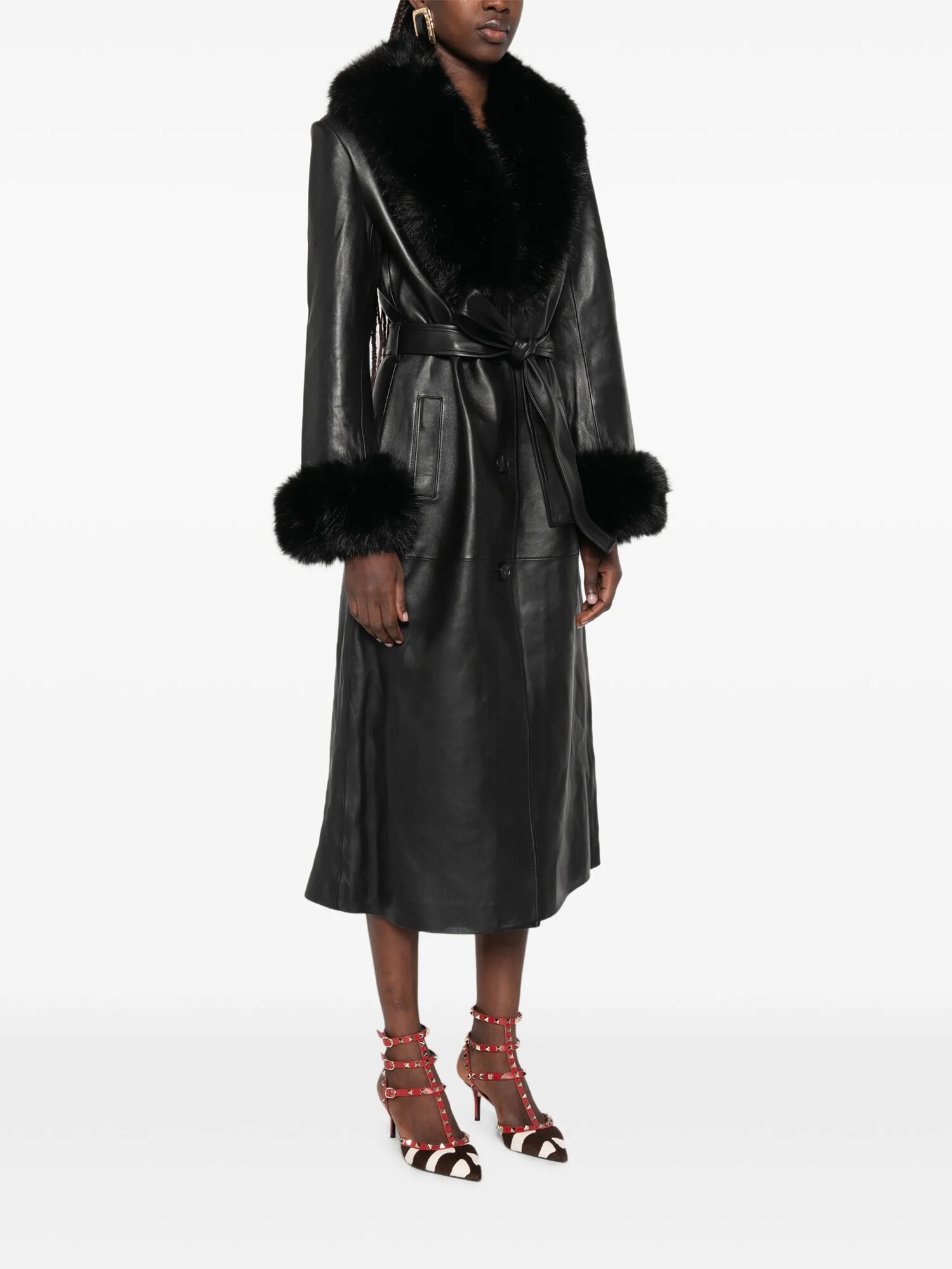 Пальто Self-Portrait Faux fur-collared belted coat, размер 10, black / black — фото 1