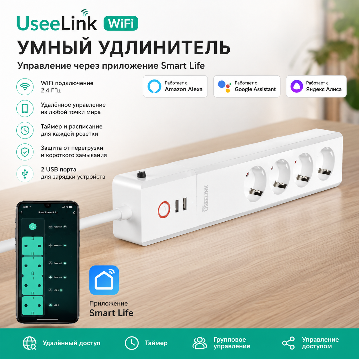 Умная розетка UseeLinkTuya WiFi 16A 3500W 220V, приложение Smart Life app, совместимая с Echo и Google Assistant