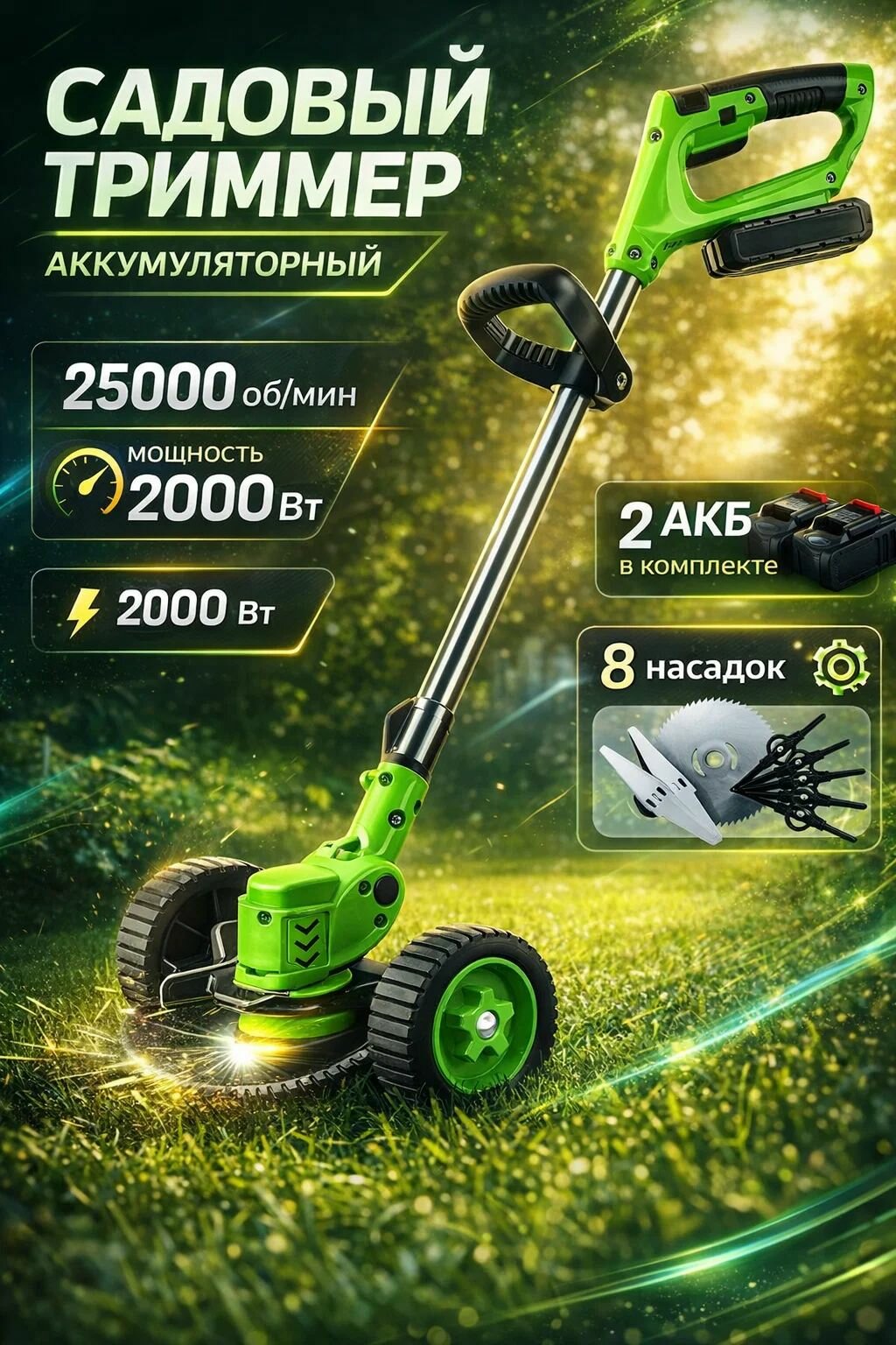 Триммеры с колесами аккумуляторный садовый с двумя аккумуляторами, газонокосилка ручная 20000 об. мин