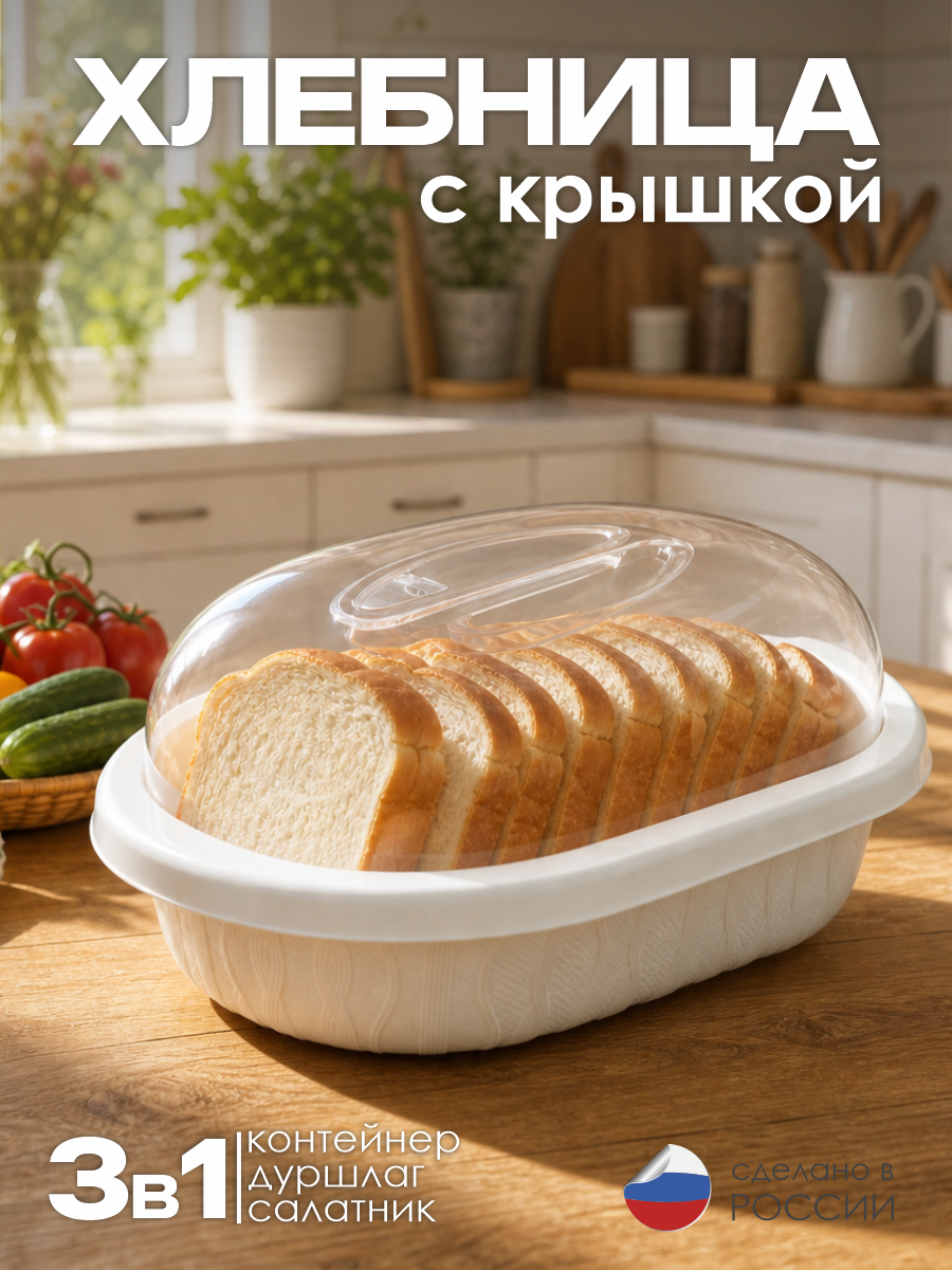 Хлебница "Умница" цвет Белый, размер 30*21*13 см, модель 3 в 1